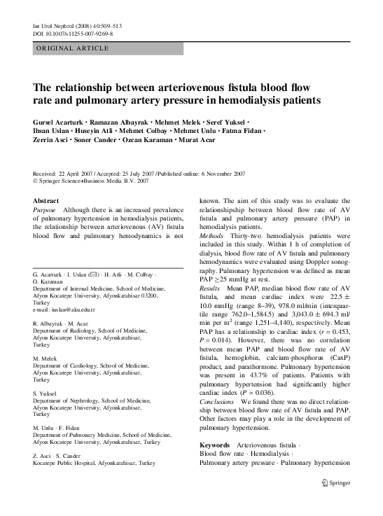 (PDF) The relationship between arteriovenous fistula blood flow rate ...