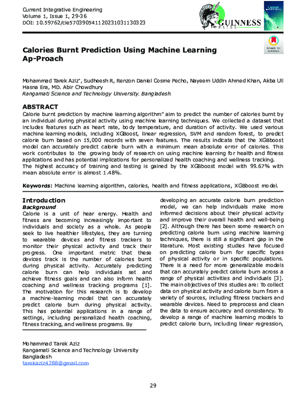 (PDF) Calories Burnt Prediction Using Machine Learning Approach (PDF) Calories Burnt Prediction Using Machine Learning Approach
