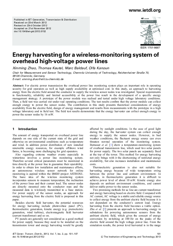 (PDF) Energy harvesting for a wireless monitoring system of overhead high-voltage power lines