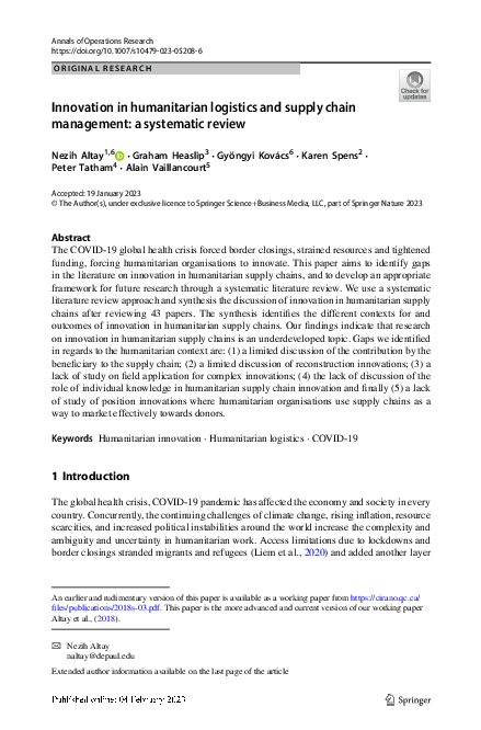 (PDF) Innovation in humanitarian logistics and supply chain management ...
