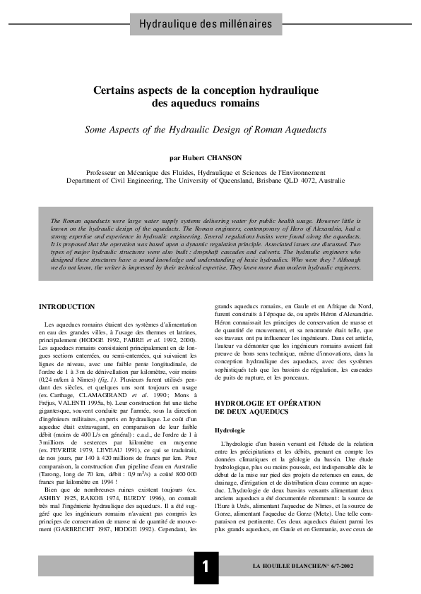 (PDF) Some Aspects of the Hydraulic Design of Roman Aqueducts | Hubert ...