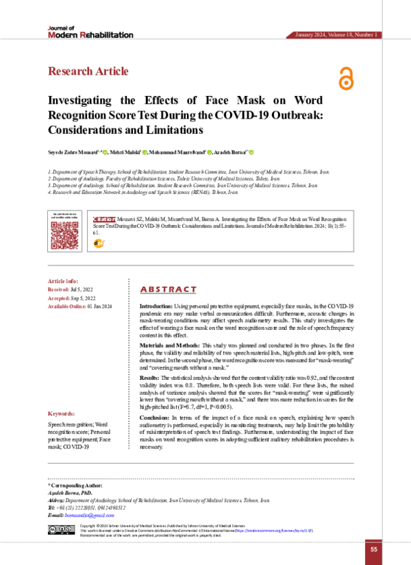(PDF) Investigating the Effects of Face Mask on Word Recognition Score ...