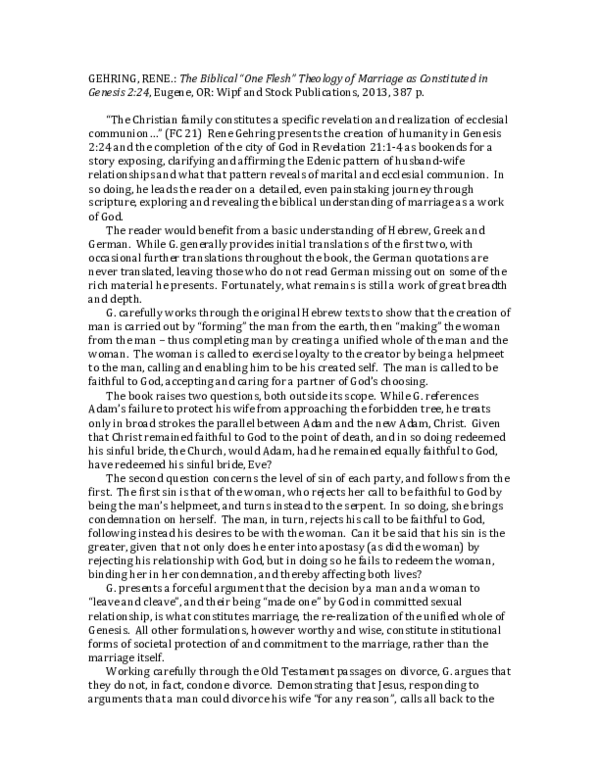 (PDF) A review of Rene Gehring's "The Biblical 'One Flesh' Theology of ...
