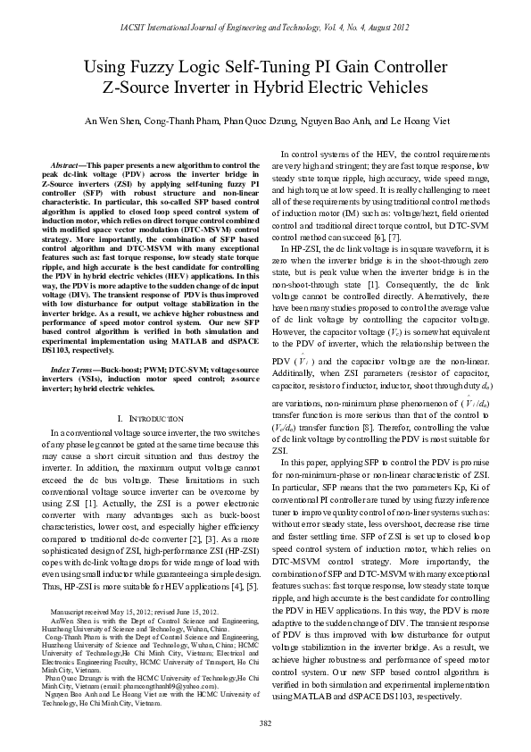 Pdf Using Fuzzy Logic Self Tuning Pi Gain Controller Z Source Inverter In Hybrid Electric 5040