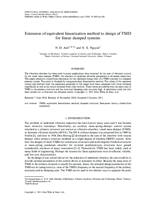 Pdf Extension Of Equivalent Linearization Method To Design Of Tmd For