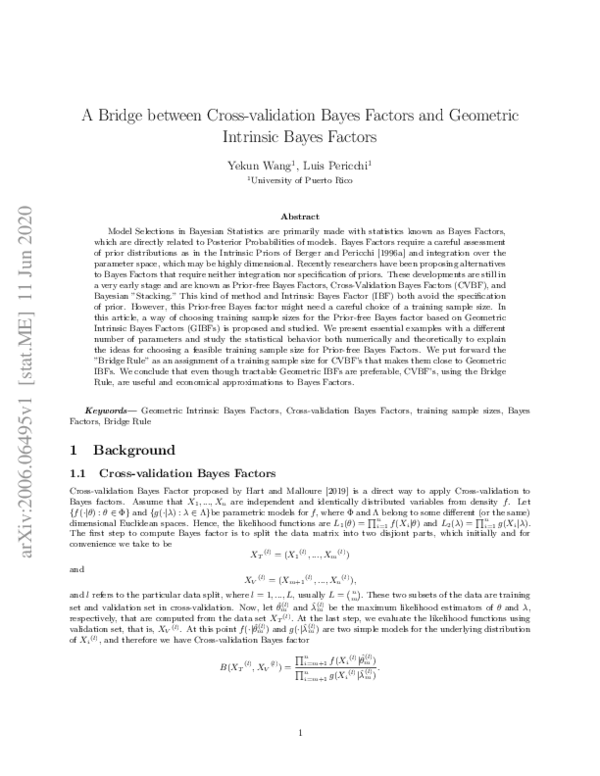 (PDF) A Bridge between Cross-validation Bayes Factors and Geometric Intrinsic Bayes Factors