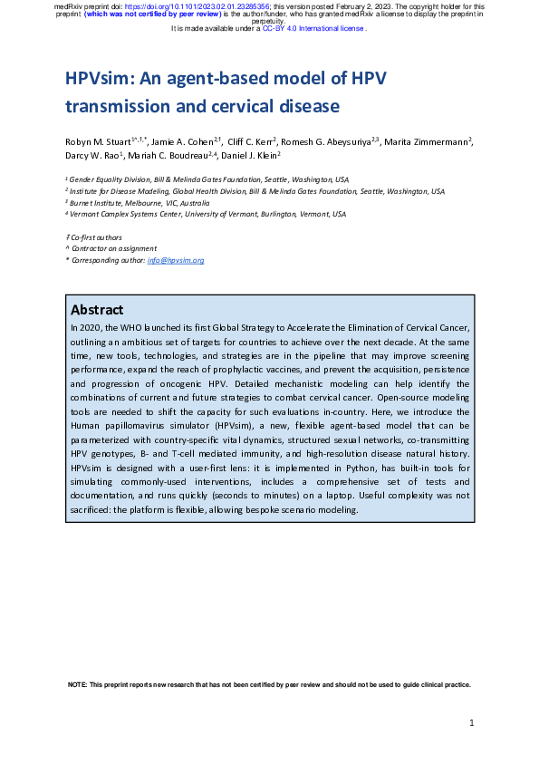 (PDF) HPVsim: An agent-based model of HPV transmission and cervical disease