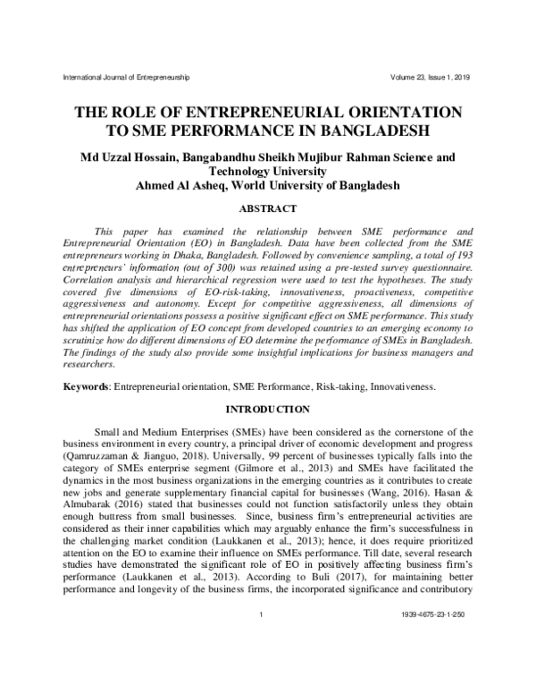 (PDF) The Role of Entrepreneurial Orientation to SME Performance in Bangladesh