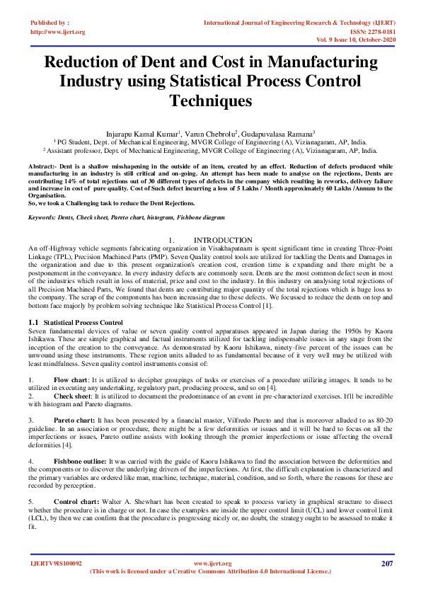 (PDF) Reduction of Dent and Cost in Manufacturing Industry using Statistical Process Control ...
