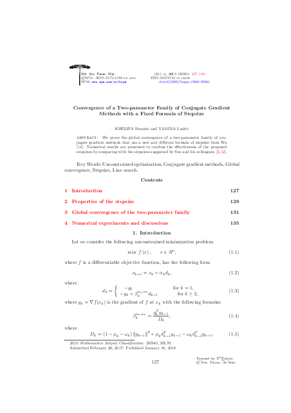 (PDF) Convergence of a two-parameter family of conjugate gradient methods with a fixed formula ...