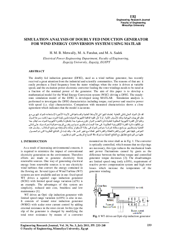 (PDF) Simulation Analysis of Doubly Fed Induction Generator for Wind Energy Conversion System ...
