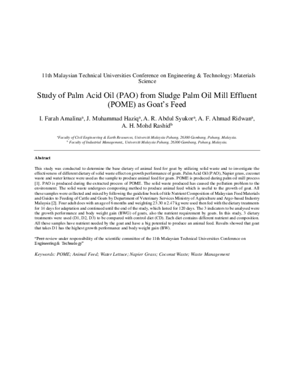 (PDF) Study of Palm Acid Oil (PAO) from Sludge Palm Oil Mill Effluent ...