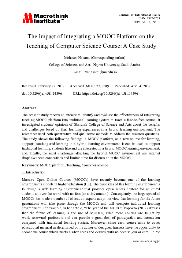 (PDF) The Impact of Integrating a MOOC Platform on the Teaching of Computer Science Course: A ...