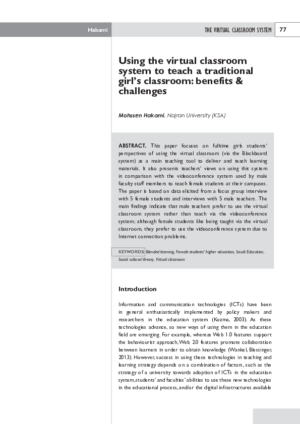 (PDF) Using the virtual classroom system to teach a traditional girl ’ s classroom : benefits ...