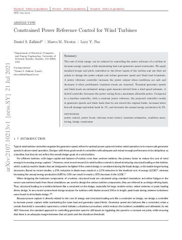 (PDF) Constrained power reference control for wind turbines