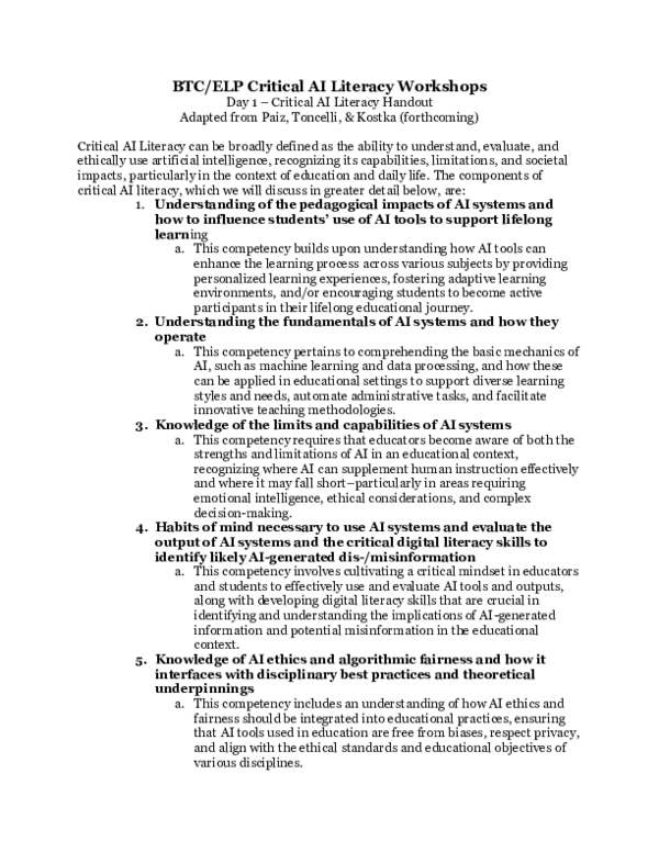 (PDF) BTC/ELP Critical AI Literacy Self-assessment
