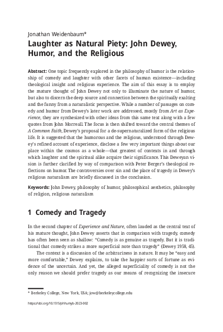 (PDF) Laughter as Natural Piety: John Dewey, Humor, and the Religious