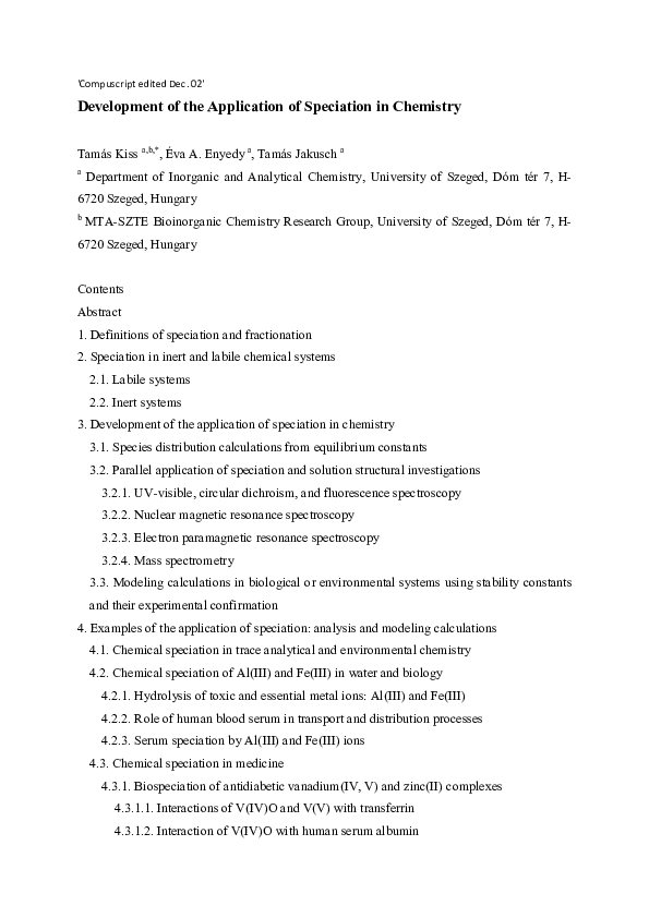 (PDF) Development of the application of speciation in chemistry