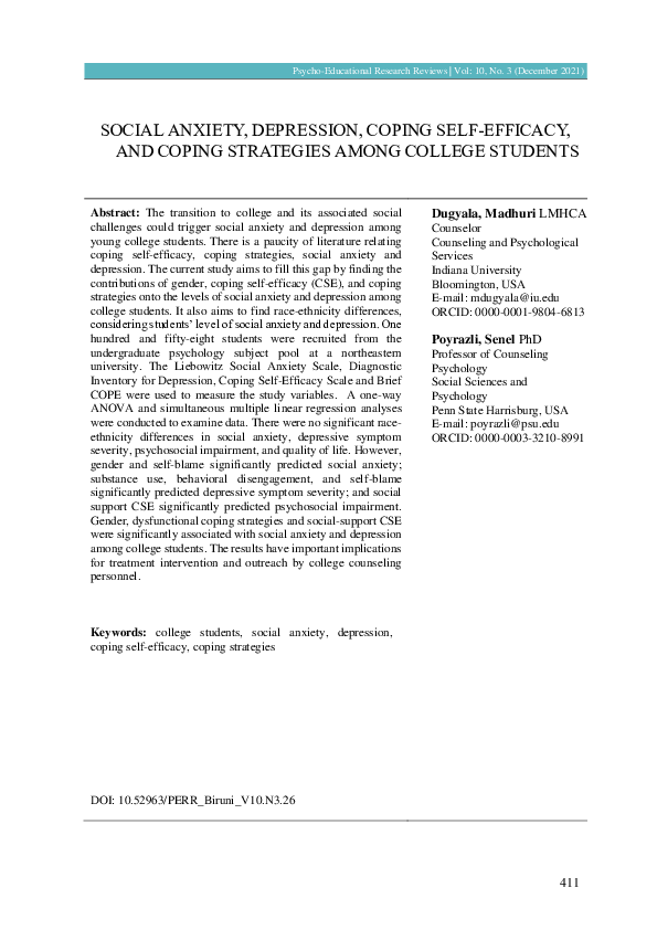 (PDF) Social Anxiety, Depression, Coping Self-Efficacy, and Coping Strategies Among College Students