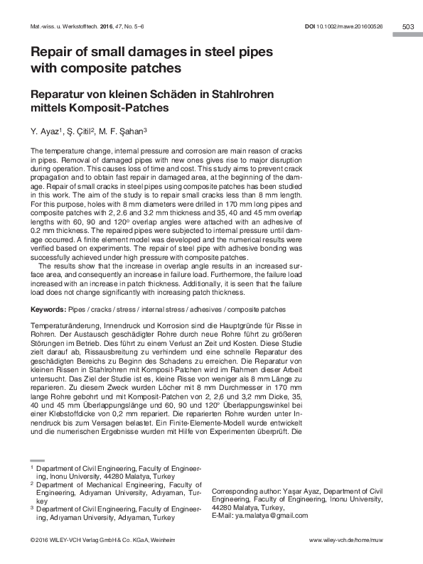 (PDF) Repair of small damages in steel pipes with composite patches