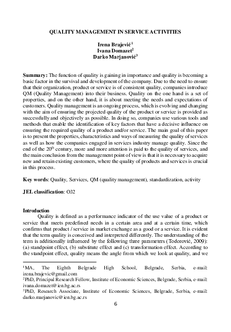(PDF) Quality Management in Service Activities