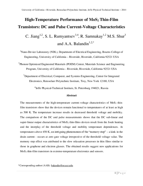(PDF) High-temperature performance of MoS2 thin-film transistors ...