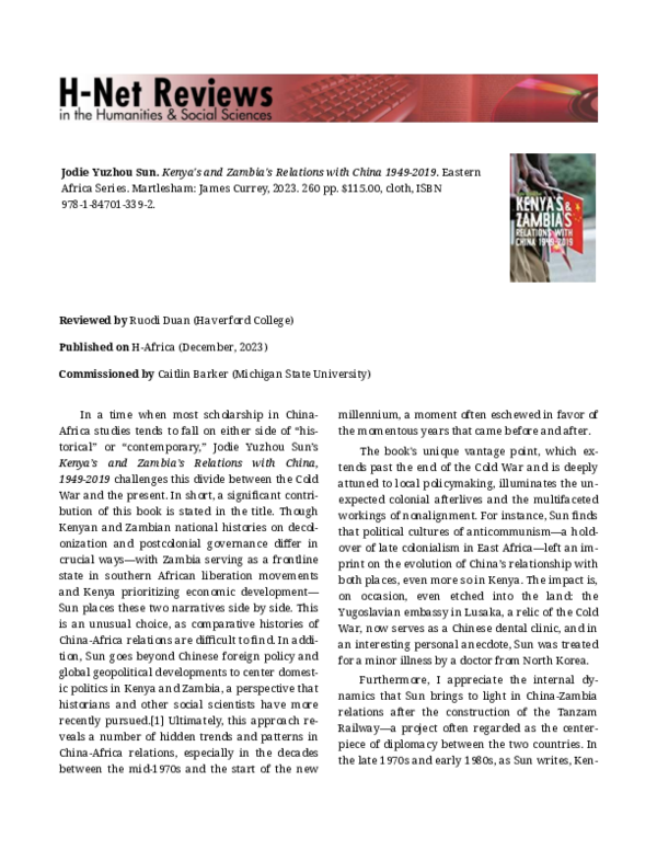 (PDF) H-Net Review of Kenya's and Zambia's Relations with China 1949 ...