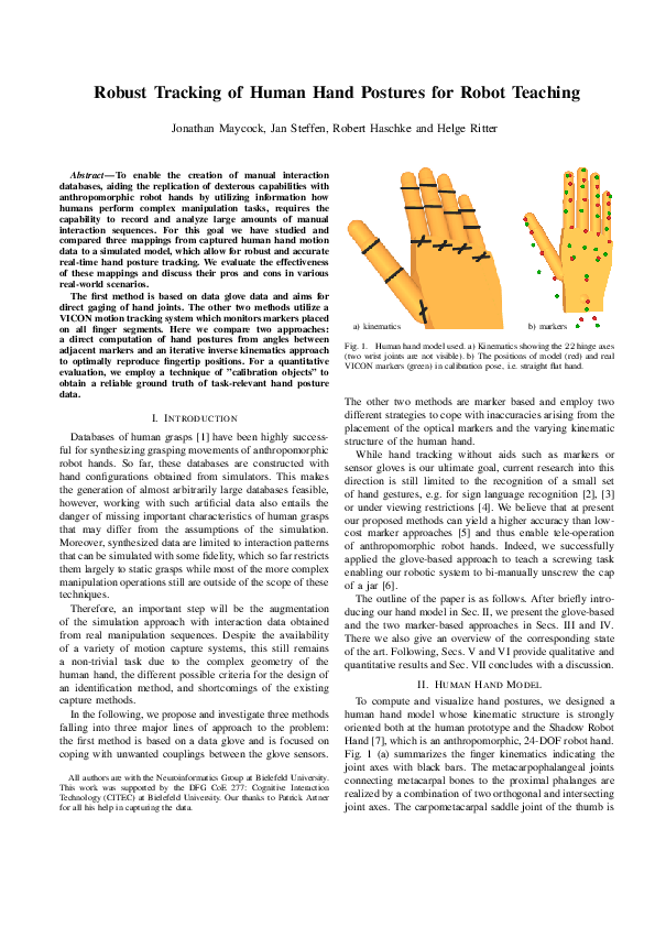 (PDF) Robust tracking of human hand postures for robot teaching
