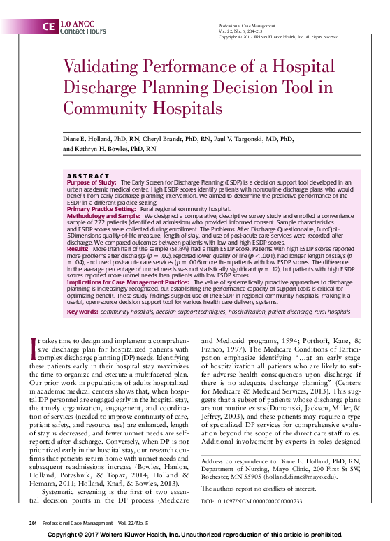 (PDF) Validating Performance of a Hospital Discharge Planning Decision ...
