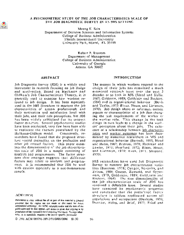 (PDF) A psychometric study of the job characteristics scale of the job ...