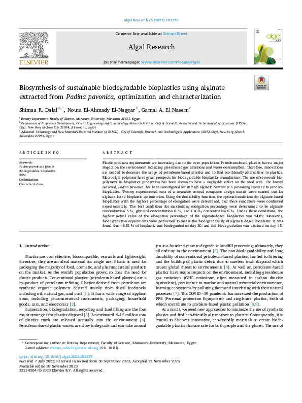 (PDF) Biosynthesis of sustainable biodegradable bioplastics using alginate extracted from Padina ...