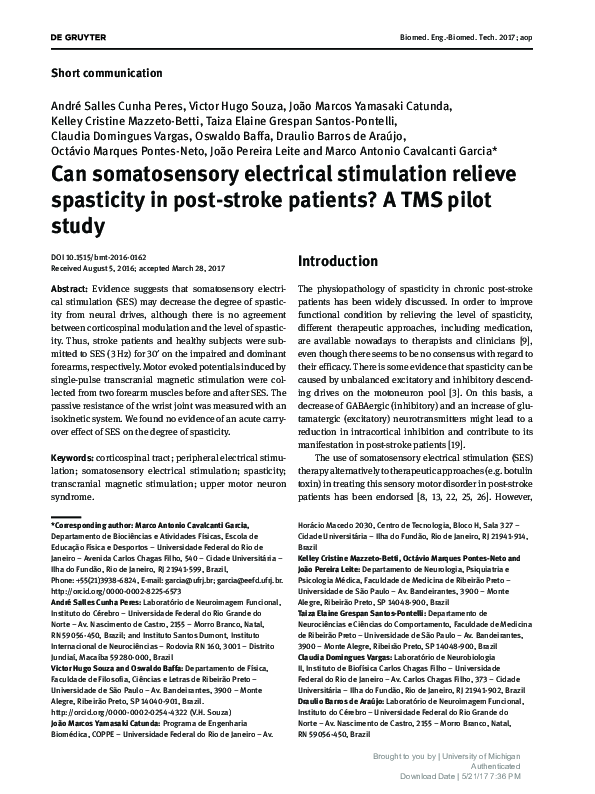 (PDF) Can somatosensory electrical stimulation relieve spasticity in post-stroke patients? A TMS ...
