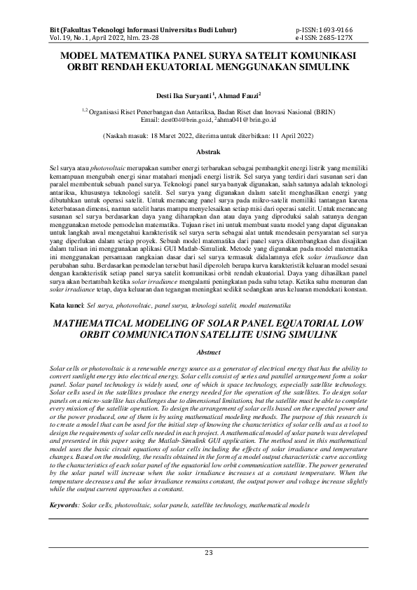(PDF) Mathematical Modeling of Solar Panel Equatorial Low Orbit Communication Satellite Using ...