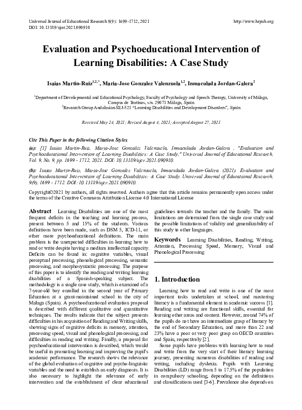 (PDF) Evaluation and Psychoeducational Intervention of Learning ...