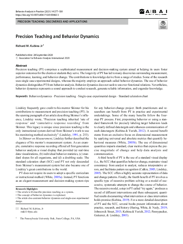 (PDF) Precision Teaching and Behavior Dynamics