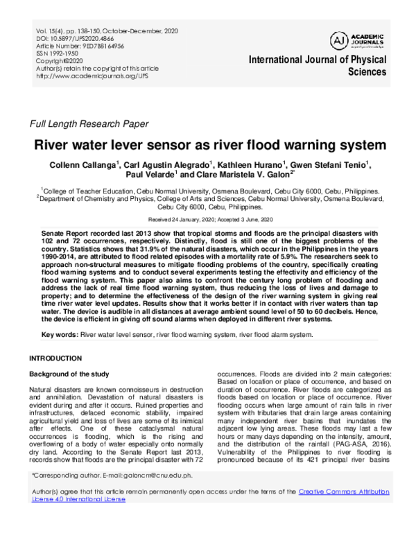 (PDF) River water lever sensor as river flood warning system | Anthony ...