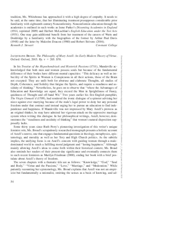 (PDF) The Philosophy of Mary Astell: An Early Modern Theory of Virtue