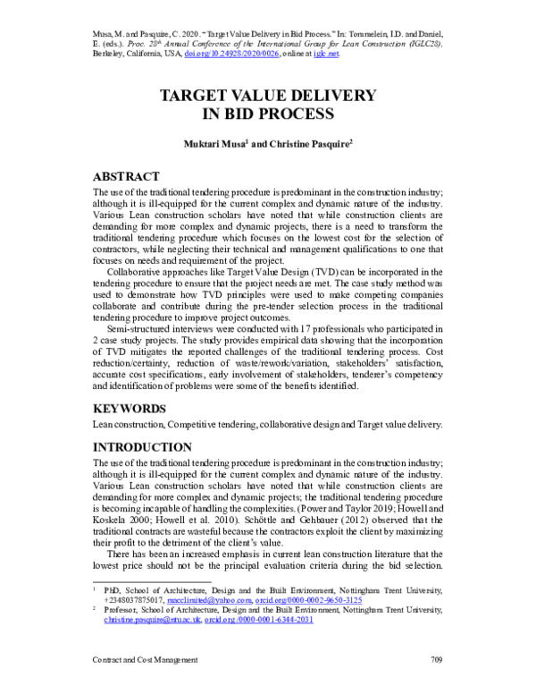 (PDF) Target Value Delivery in Bid Process | muktari musa - Academia.edu