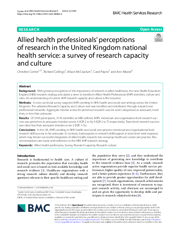 (PDF) Allied health professionals’ perceptions of research in the United Kingdom national health ...