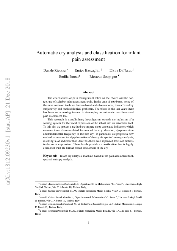 (PDF) Automatic cry analysis and classification for infant pain assessment