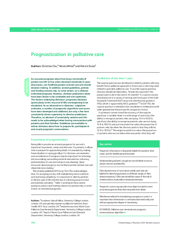 (PDF) Prognostication in Palliative Care