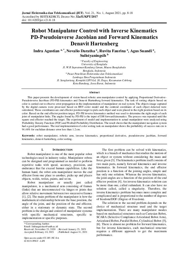 (PDF) Robot Manipulator Control with Inverse Kinematics PD-Pseudoinverse Jacobian and Forward ...