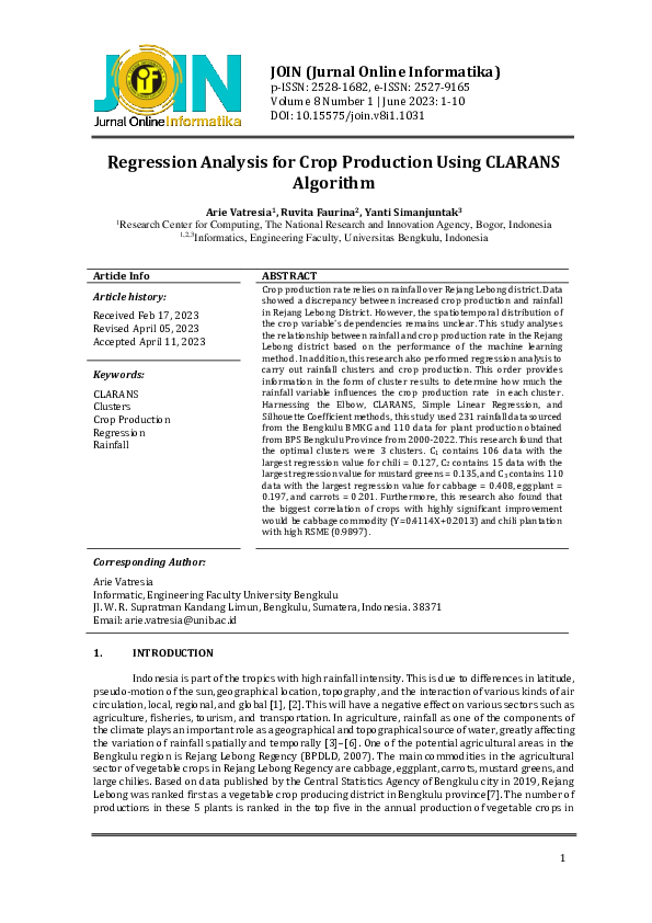 Pdf Regression Analysis For Crop Production Using Clarans Algorithm