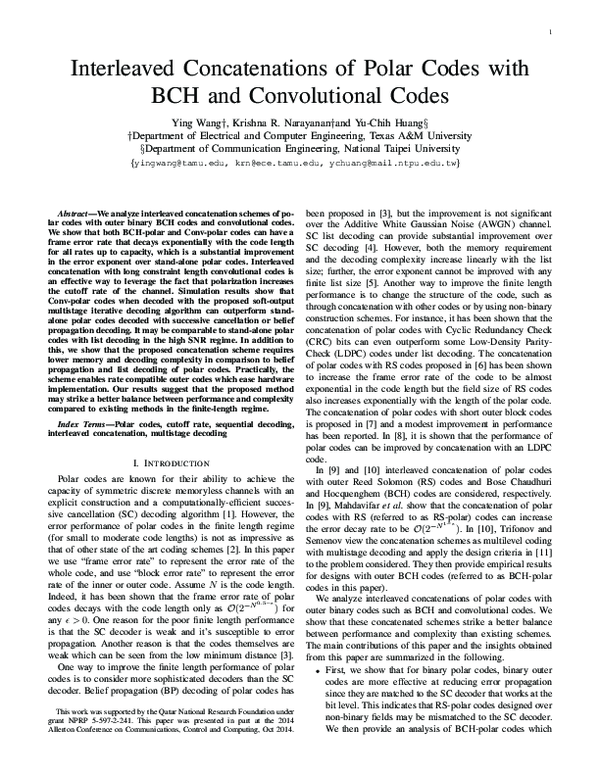 (PDF) Interleaved Concatenations of Polar Codes With BCH and Convolutional Codes