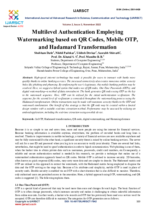 Pdf Multilevel Authentication Employing Watermarking Based On Qr Codes Mobile Otp And