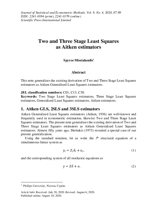 (PDF) Two and Three Stage Least Squares as Aitken estimators