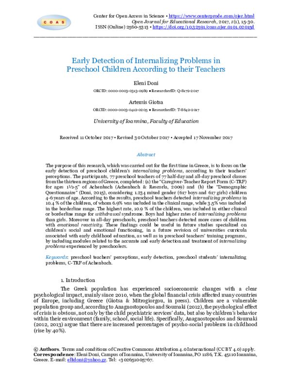 (PDF) Early Detection of Internalizing Problems in Preschool Children According to their Teachers