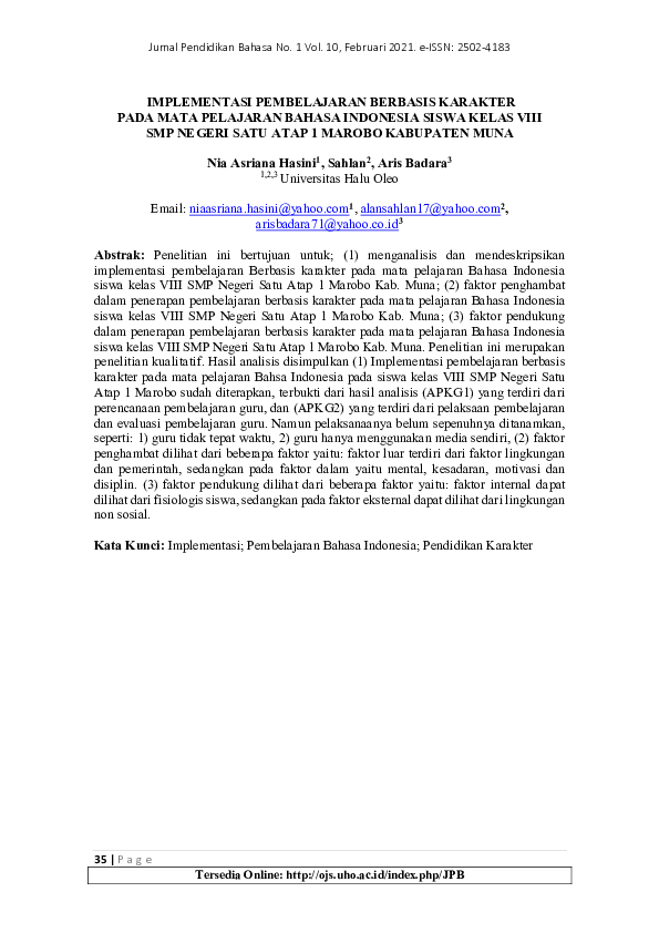 (PDF) Implementasi Pembelajaran Berbasis Karakter Pada Mata Pelajaran Bahasa Indonesia Siswa ...