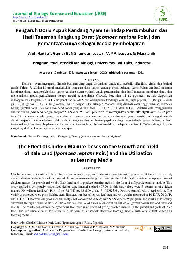 (PDF) Pengaruh Dosis Pupuk Kandang Ayam terhadap Pertumbuhan dan Hasil Tanaman Kangkung Darat ...