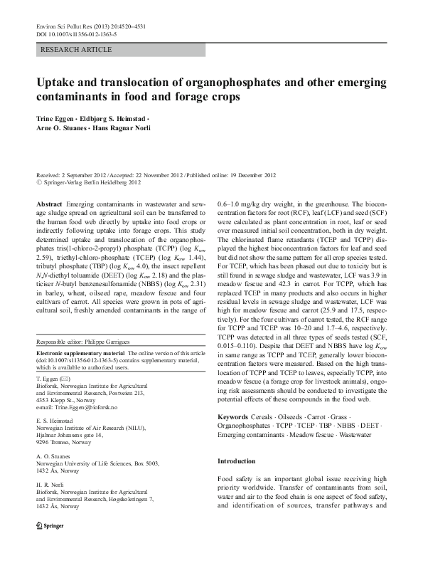 (PDF) Uptake and translocation of organophosphates and other emerging ...